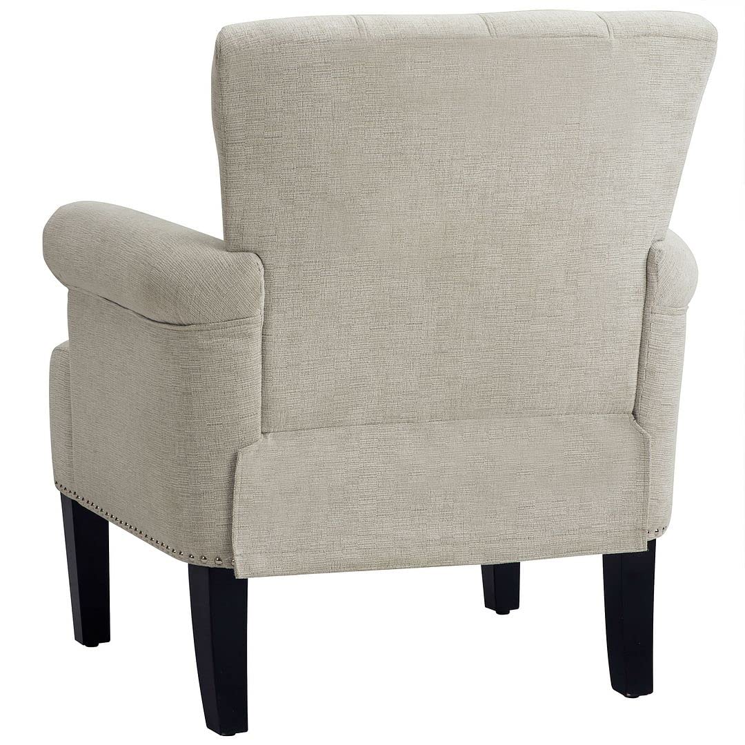 Accent Chair with Rivet Tufted Scroll Arm, Tufted Polyester Upholstery, Wood Legs, Cream for Bedroom and Living Room