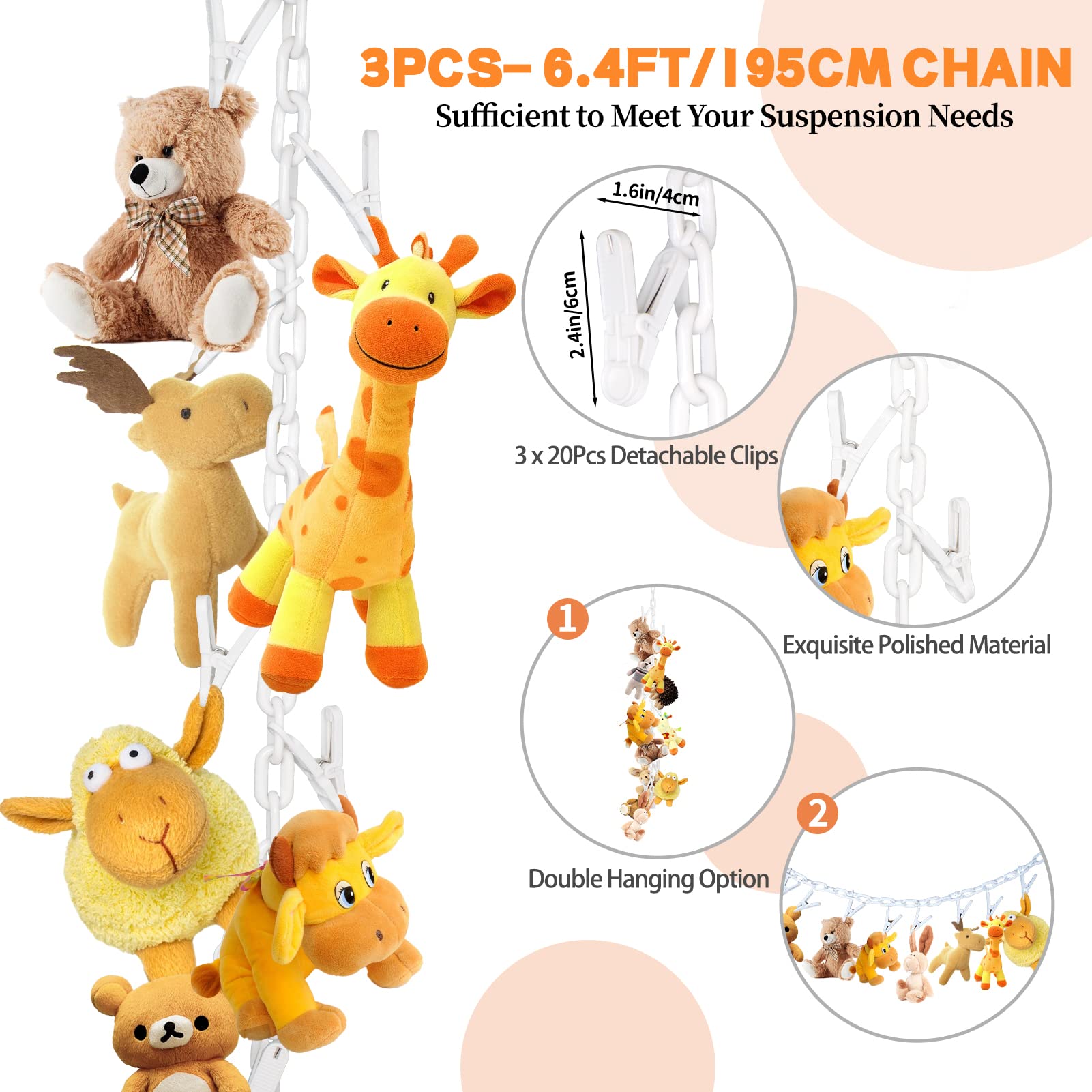 3Pcs- 6.4Ft Plastic Toy Chain Organizer Storage Chain with 60 Clips, Stuffed Animal Storage Teddy Chain with 3 Ceiling Hooks and 3 S-hooks for Hanging Plush Toys Hats Socks Cards (White)