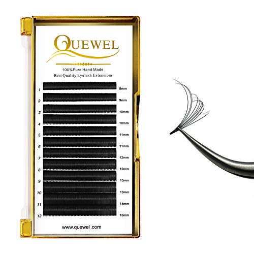 QUEWEL Volume Eyelash Extensions | 0.03-0.12mm | C/CC/D/DD Curl | 8-25mm Length | Easy Fan 2D-20D Self Fanning Volume Lashes 0.07D Mix-8-15mm Long Lasting Blooming Lashes(0.07D Mix8-15)