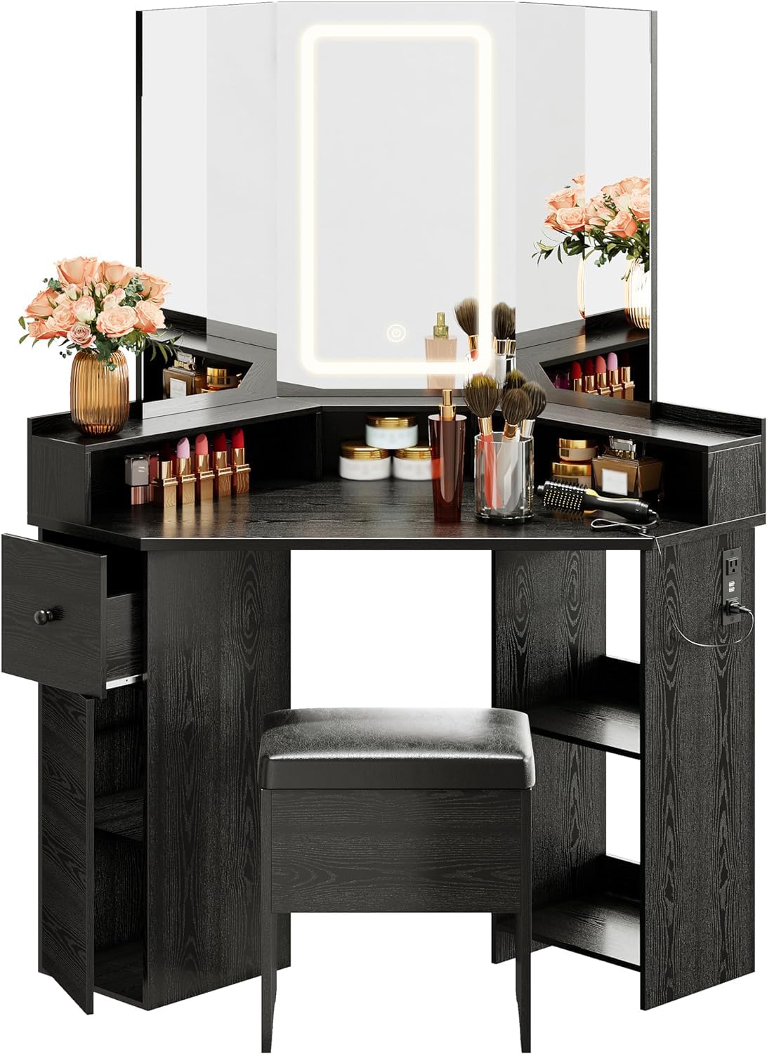 IRONCK Corner Vanity Desk Set with 3-Folding Lighted Mirrors, Makeup Vanity Table with Charging Station, 7 Storage Shelves and Storage Bench for Bedroom, Black