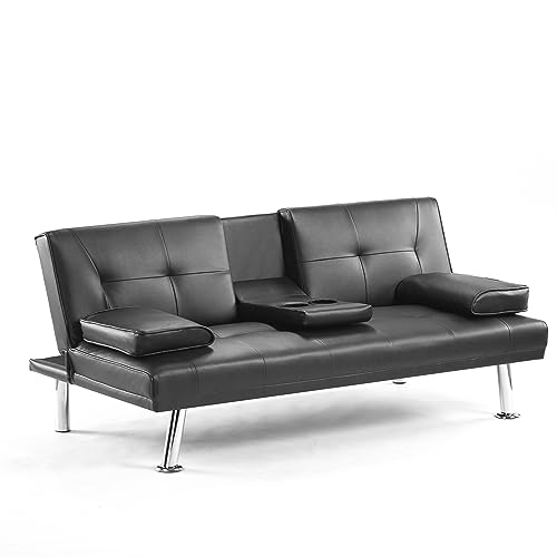 Convertible Sofa Bed Adjustable Couch Sleeper Modern Home Recliner Reversible Loveseat Folding Daybed Guest Bed for Living Room,PU,2 Cup Holders,3 Angles,Metal Legs,600lb Capacity