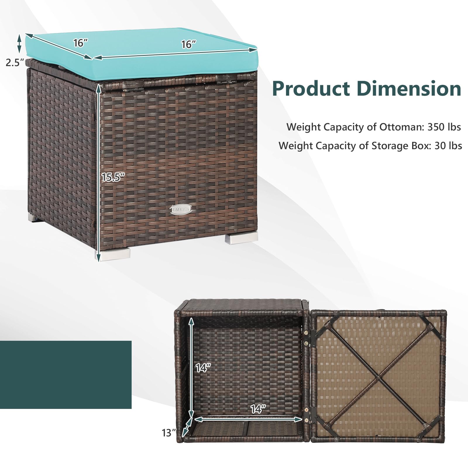 Tangkula 2 Pieces Patio Ottomans, Patiojoy Hand-Woven PE Rattan Side Table with Removable Cushion & Hidden Storage Space, Multifunctional Storage Box, Seat for Patio, Backyard, Poolside (Turquoise)