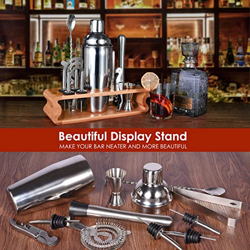 Esmula 12 Piece Bartender Kit with Bamboo Stand, 25oz Cocktail Shaker Set for Mixed Drink, Professional Bar Tool Set With Cocktail Recipes Booklet, Gift for Man Dad Friend (Silver)
