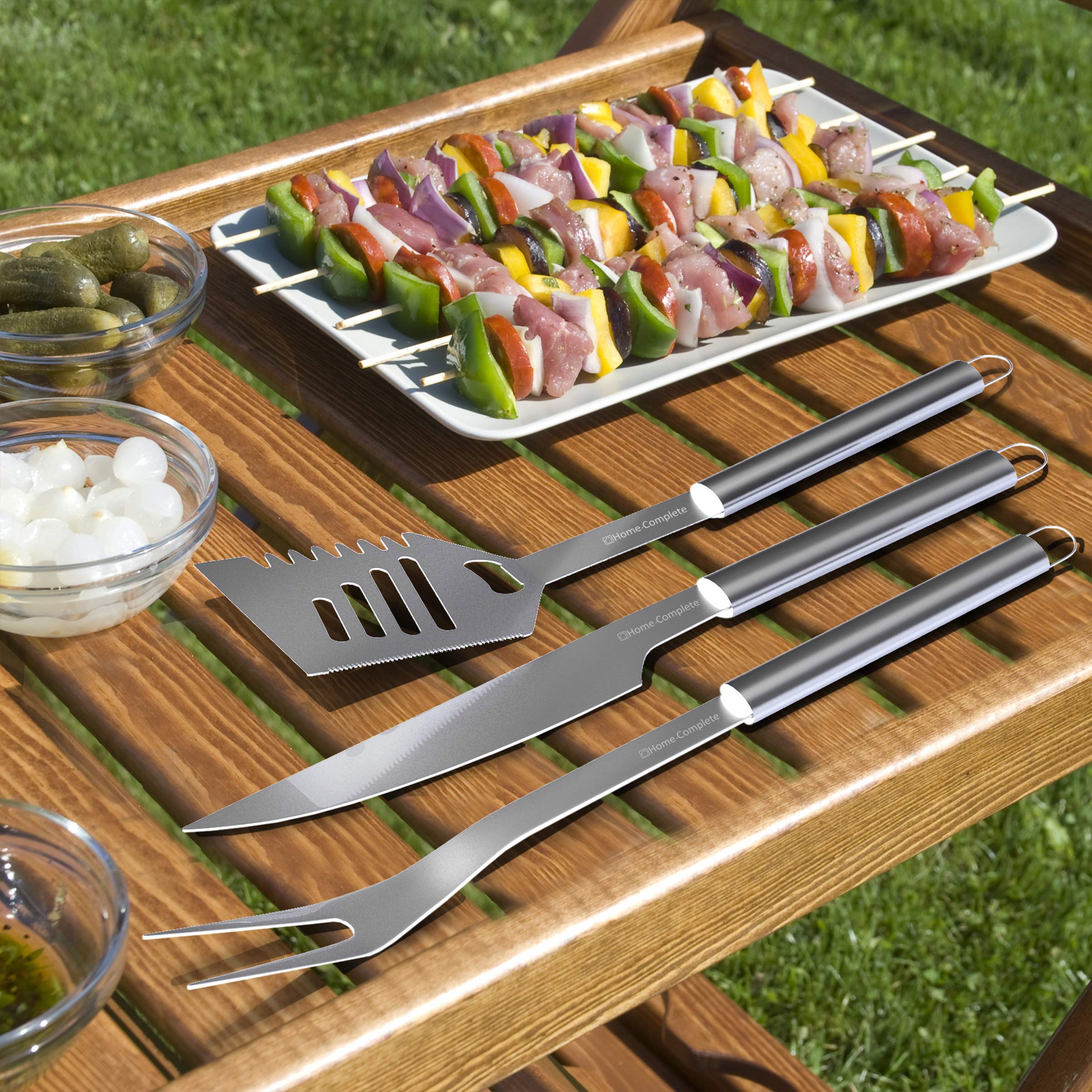 7-Piece Stainless-Steel BBQ Cooking Utensils Set - Barbecue Grill Accessories with Aluminum Portable Handled Storage Case by Home-Complete (Silver)