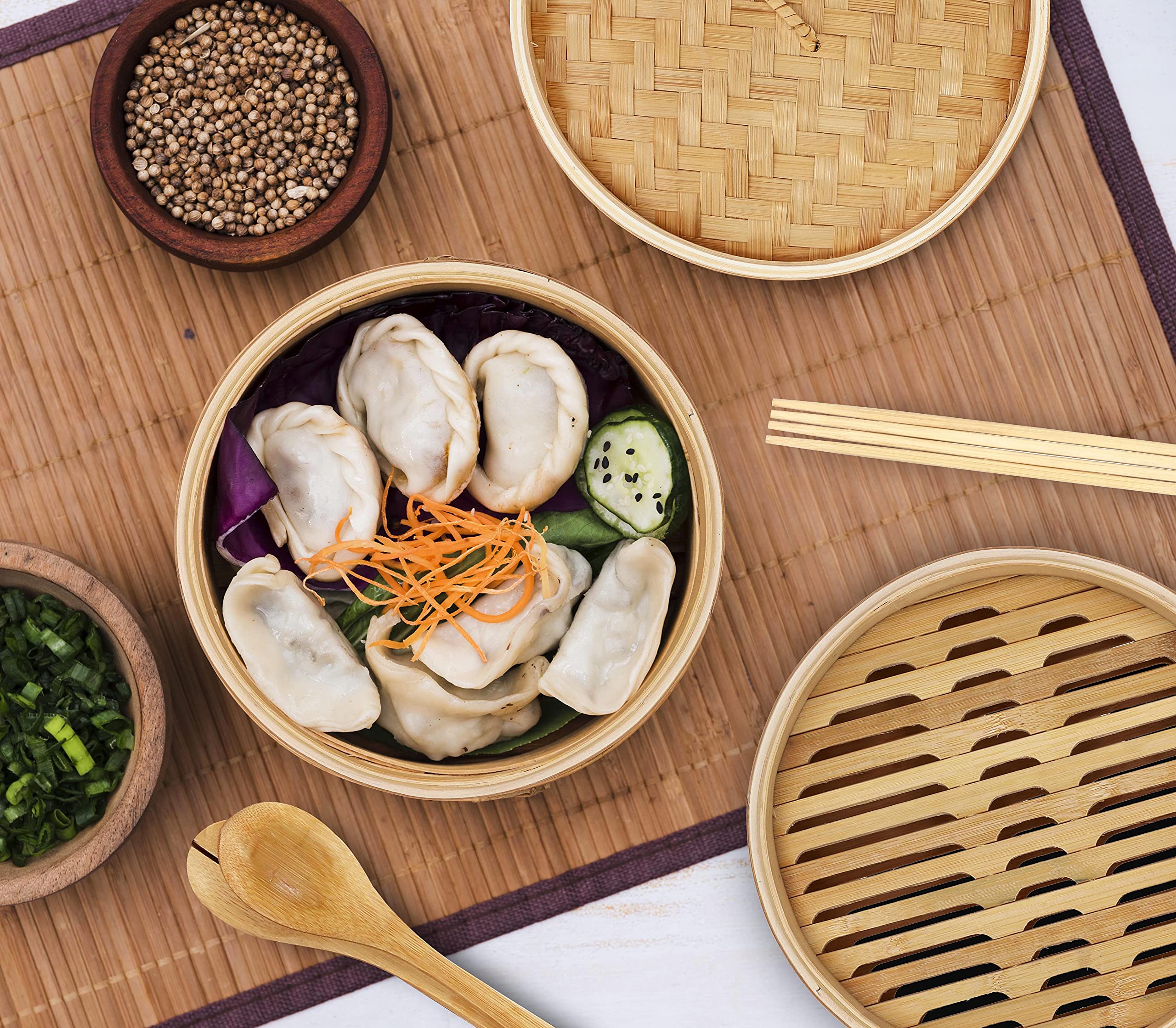 Bamboo Steamer 10 Inch - Basket 2 Tier Steam Cooker Pot for Rice, Dim Sum, Fish, Vegetable & Meat β Set of Two Bamboo Chopsticks, Steamer Liner and Steamer Basket