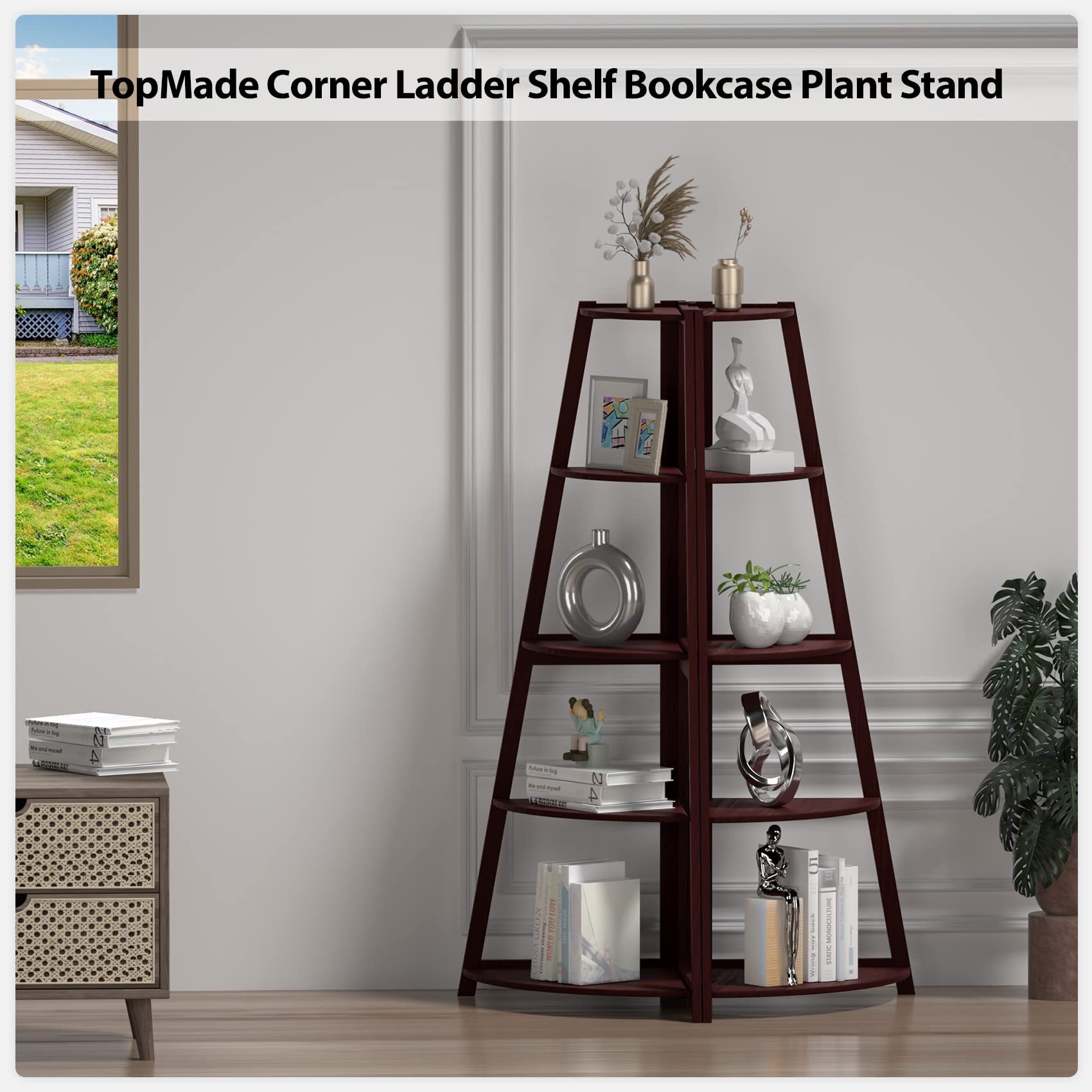 Corner Shelf, TopMade 5-Tier Corner Shelf Stand Industrial Ladder Bookcase Small Storage Rack Bookshelf Float Corner Shelves Wood Furniture Plant Stand for Living Room Kitchen Home Office-Rustic Brown