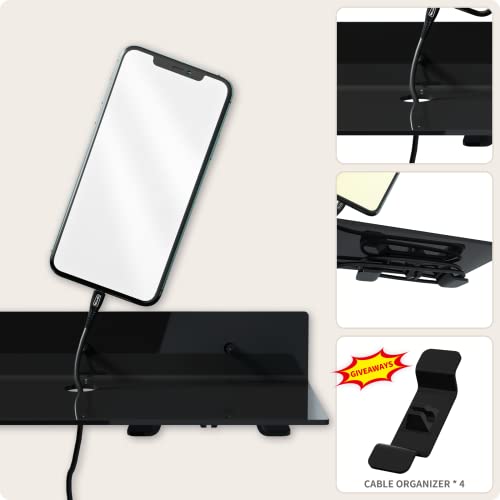 OMNINOVA Acrylic Adhesive Shelf Set of 4, 12" Small Floating Shelves for Wall Storage to Expand Space, Wall Shelves Decor for Bedroom, Living Room, Bathroom with Cable Organizer-Black