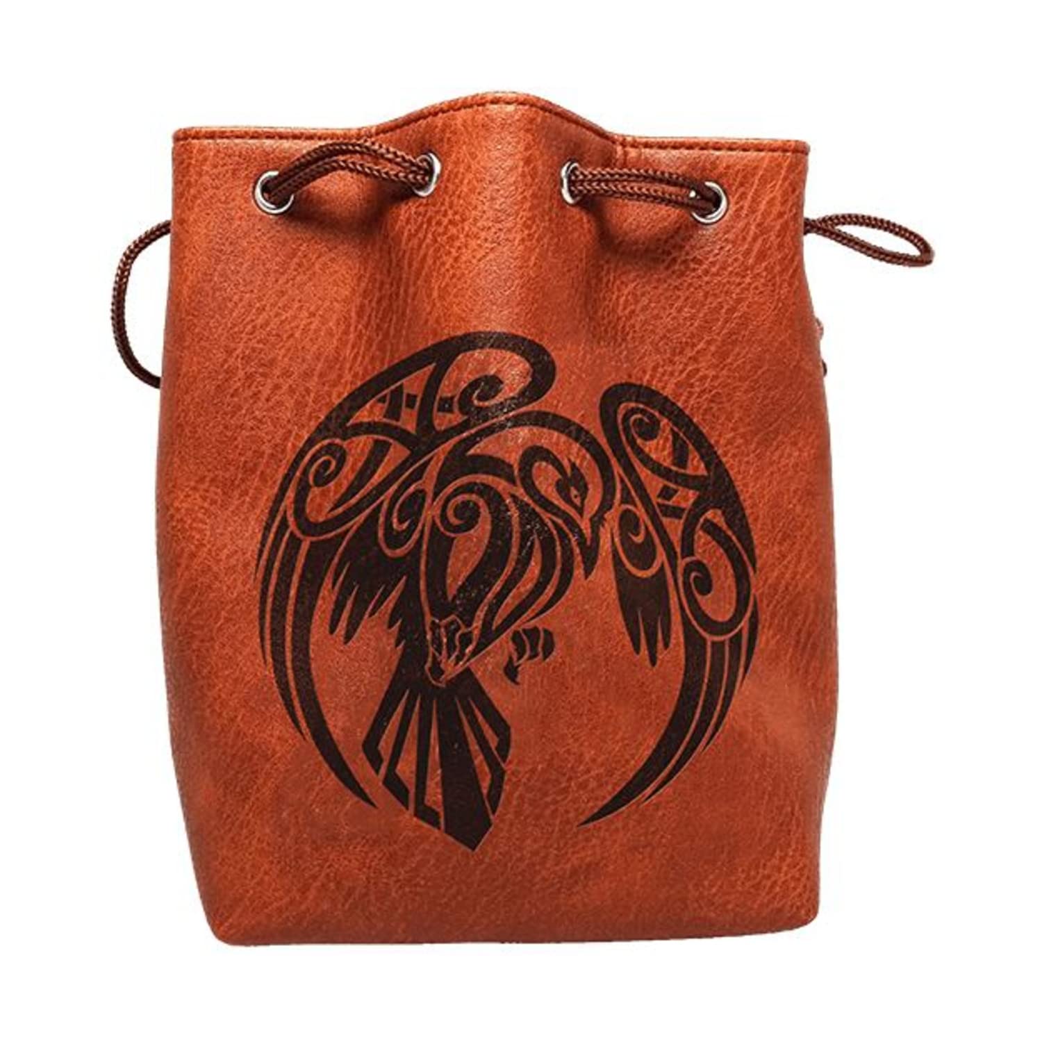 Brown Leather Lite Large Dice Bag with Raven Design - Brown Faux Leather Exterior with Lined Interior - Stands Up on its Own and Holds 400 16mm Polyhedral Dice
