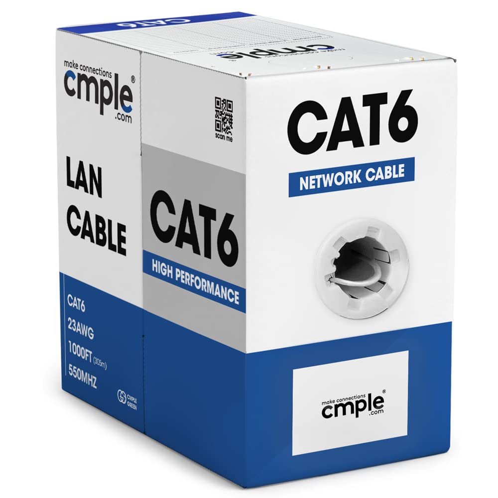 Cmple - Cat6 Cable 1000ft Bulk Lan Ethernet Cat 6 Wire Network UTP 23AWG CMR Riser 10Gbps 550 MHz Pull Box 1000 Feet, White
