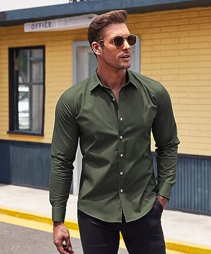 COOFANDY Men's Muscle Fit Dress Shirts Wrinkle-Free Long Sleeve Casual Button Down Shirt (01-Olive Green(Stretch Fabric), X-Large)