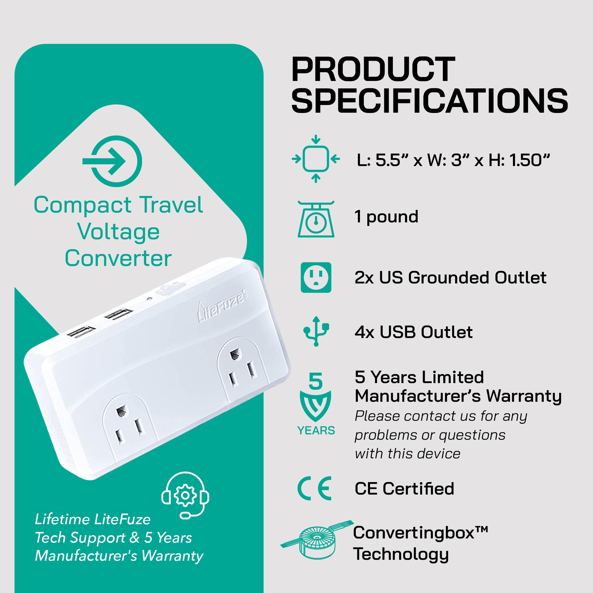LiteFuze 200W Travel Compact Voltage 220V 50hz to 110V 60Hz Converter - for Clippers, Shavers, Trimmers - EU AU UK Adapter