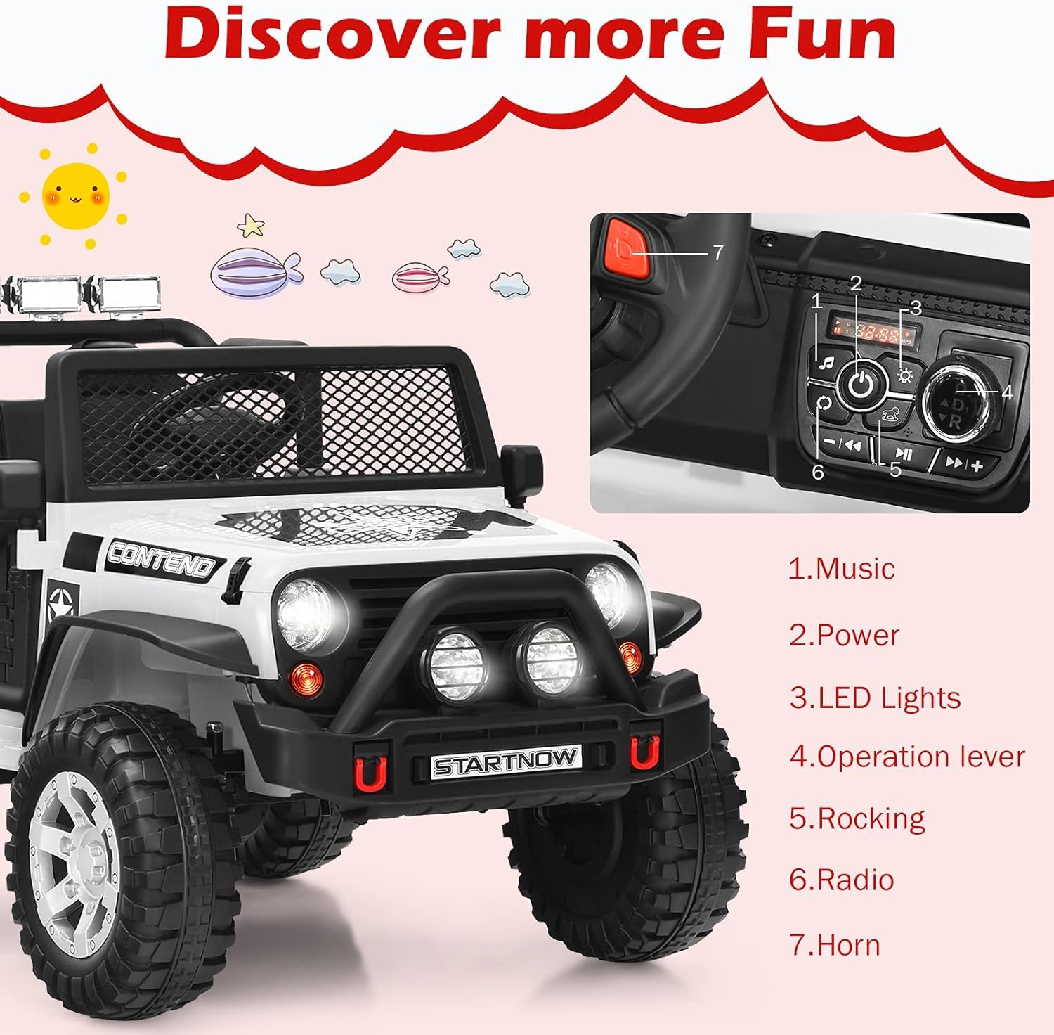 Costzon 2-Seater Ride on Truck, 12V Battery Powered Electric Vehicle w/Remote Control, 2 Speeds, Spring Suspension, LED Light, Horn, Music/ MP3, 2 Doors Open, Ride on Car for Kids (White)