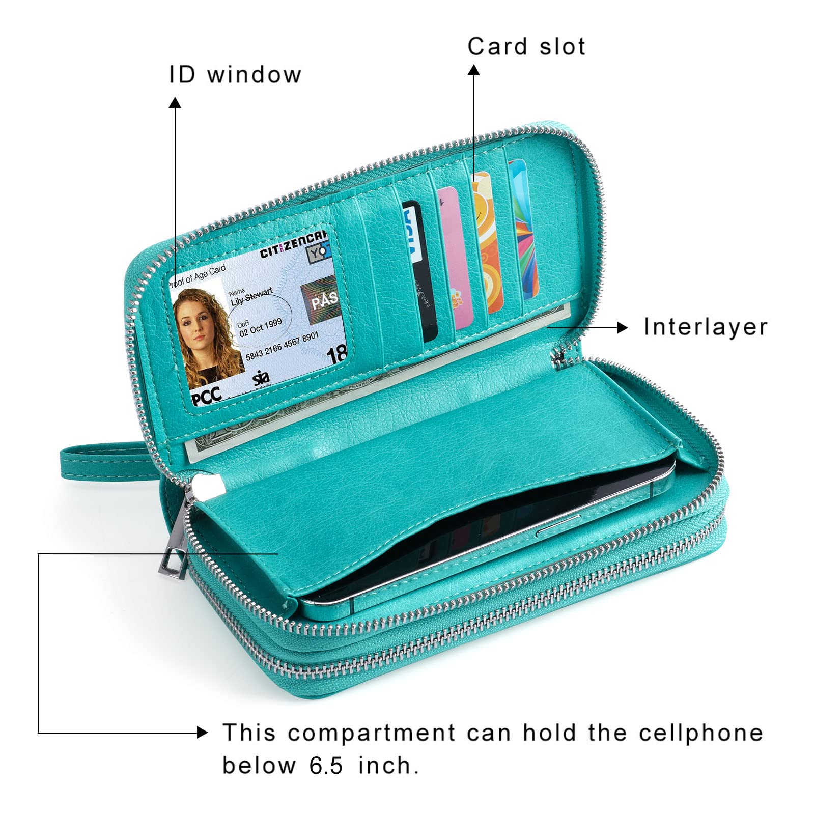 Abberry Double Zipper Wristlet Wallet Long Clutch Purse Cellphone Wallet for Women (Green)