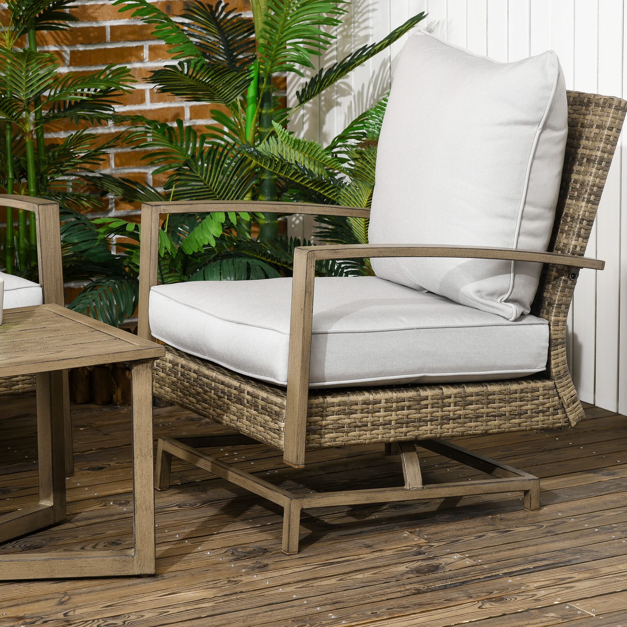 Outsunny 4 Piece Wicker Patio Furniture Set with 2 Rocking Chairs, Loveseat Sofa, Outdoor PE Rattan Conversation Set with Cushions, Aluminum Table for Porch, Poolside, Light Gray
