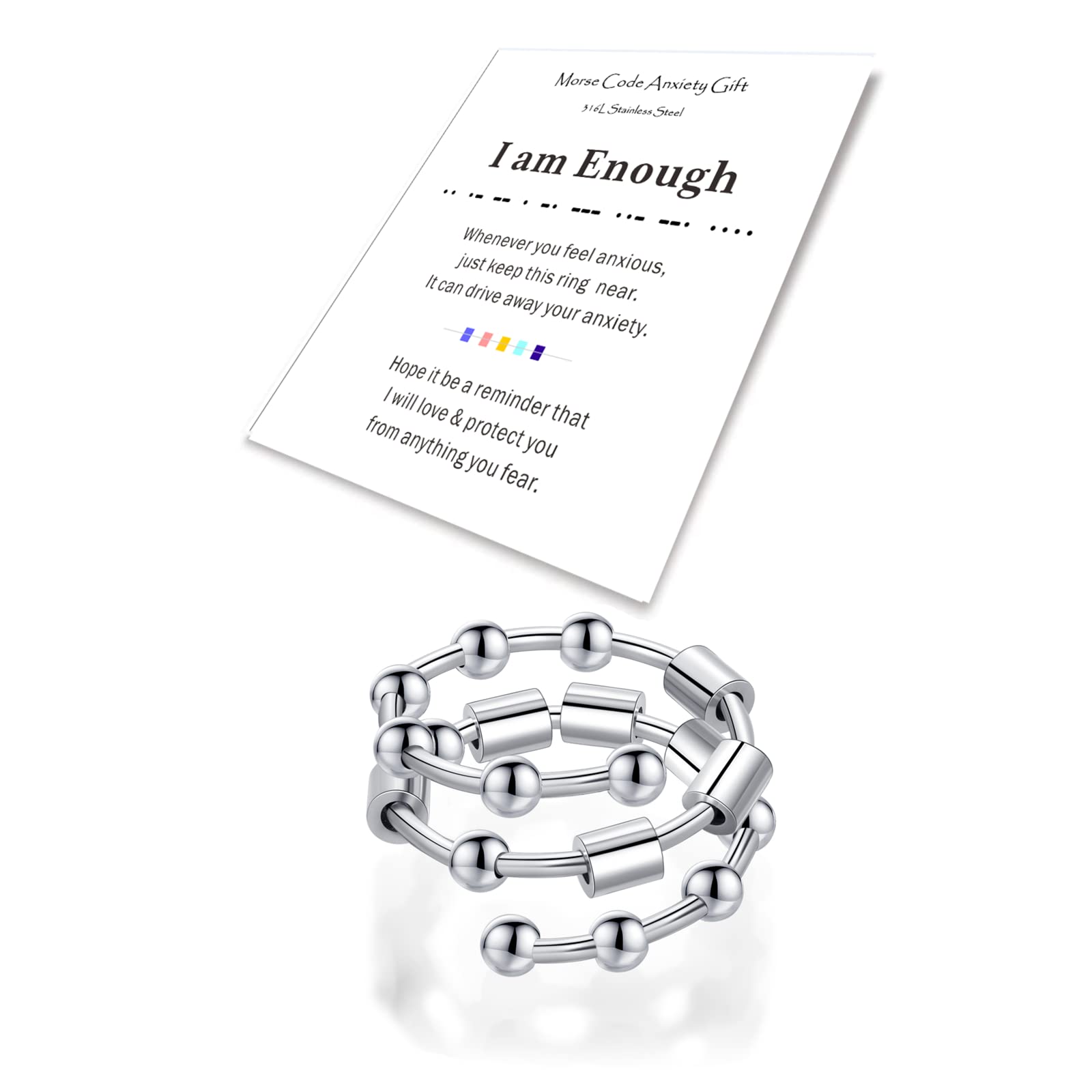 AINILOVE Morse Code Ring Stainless Steel Spinner Ring Bead Fidget Ring Stress Relieving Anxiety Ring Inspirational Morse Code Jewelry Gifts (I am Enough)