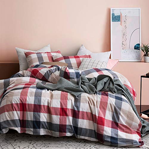 ECOCOTT 3 Pieces Duvet Cover Set Queen 100% Washed Cotton 1 Duvet Cover with Zipper and 2 Pillowcases, Ultra Soft and Easy Care Breathable Cozy Simple Style Bedding Set(Red,Blue and White Grid)