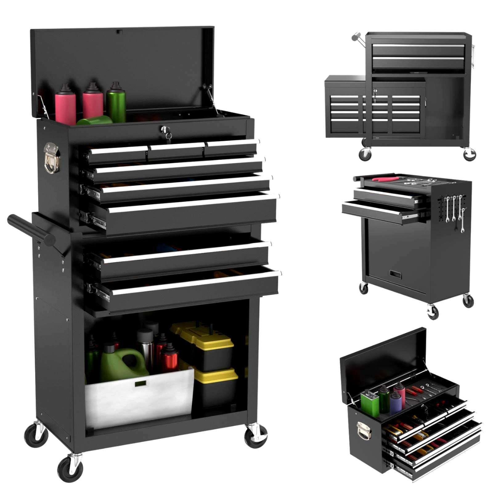 8-Drawer Rolling Tool Chest & Portable Tool Box with 2 Handles, Lockable Rolling Tool Box with 4 Hooks, Large Capacity Garage Storage Tool Cabinet for Warehouse, Repair Shop(Black)