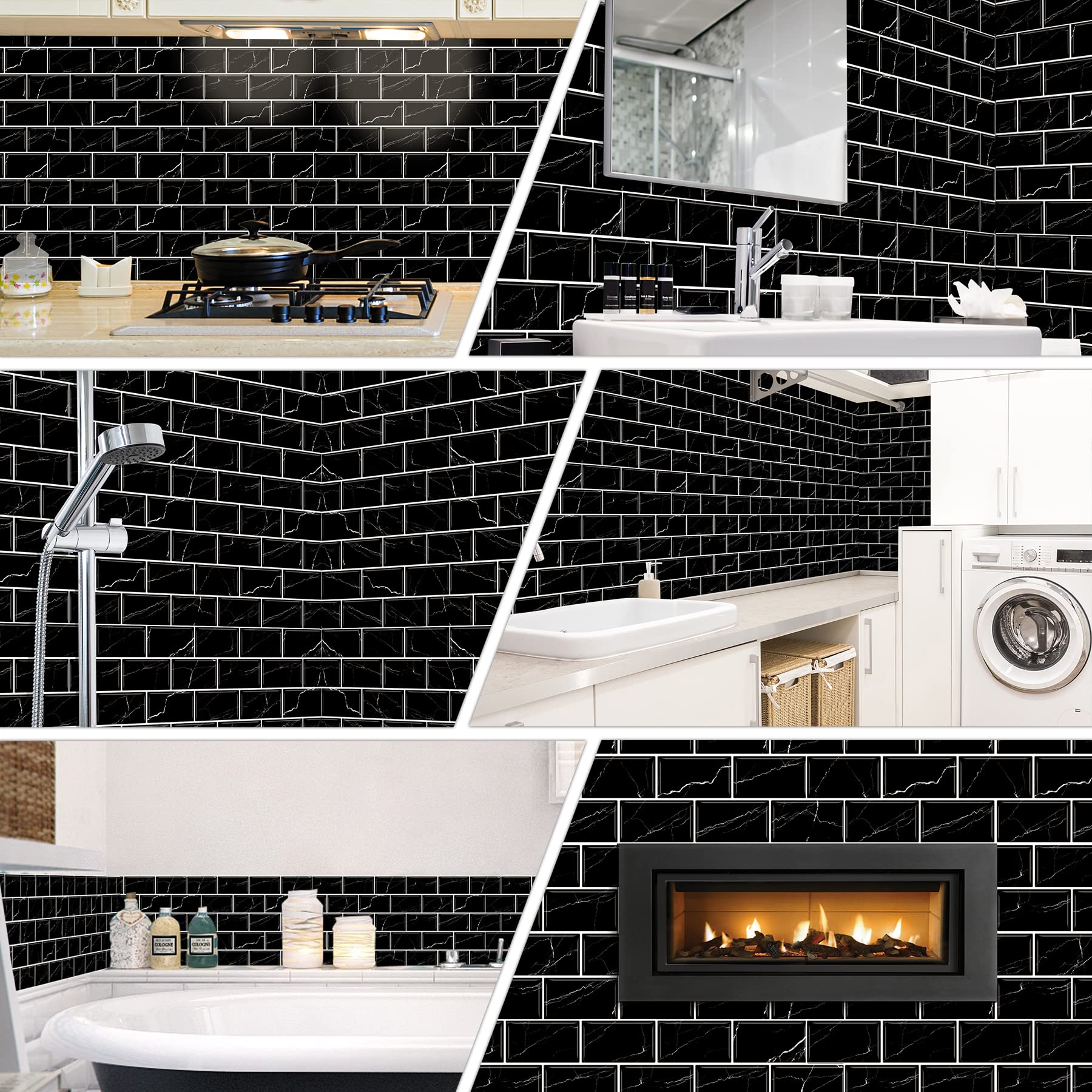 AINNO 10-Sheet Subway Tiles Sticker Peel and Stick Backsplash,12"x12" Premium Self Adhesive Wall Tiles Stick on Back Splashes for Kitchen,Bathroom Black Waterproof Vinyl