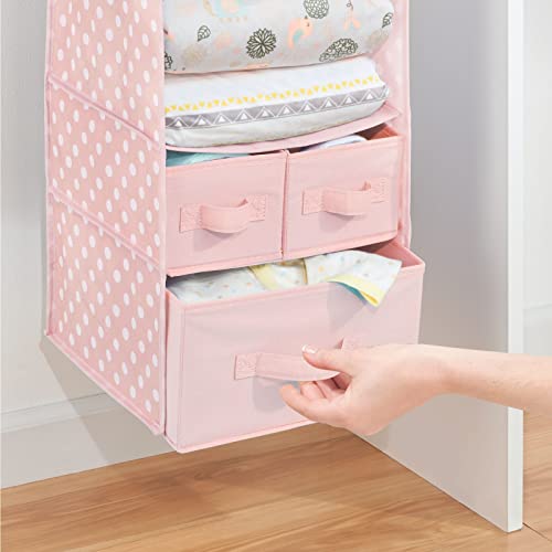 mDesign Fabric Hanging Organizer - Over Closet Rod Storage with 7 Shelves and 3 Removable Drawers for Baby Nursery Bedroom Organization - Hold Clothes, Linens, Toys, Accessories - Pink/White Polka Dot