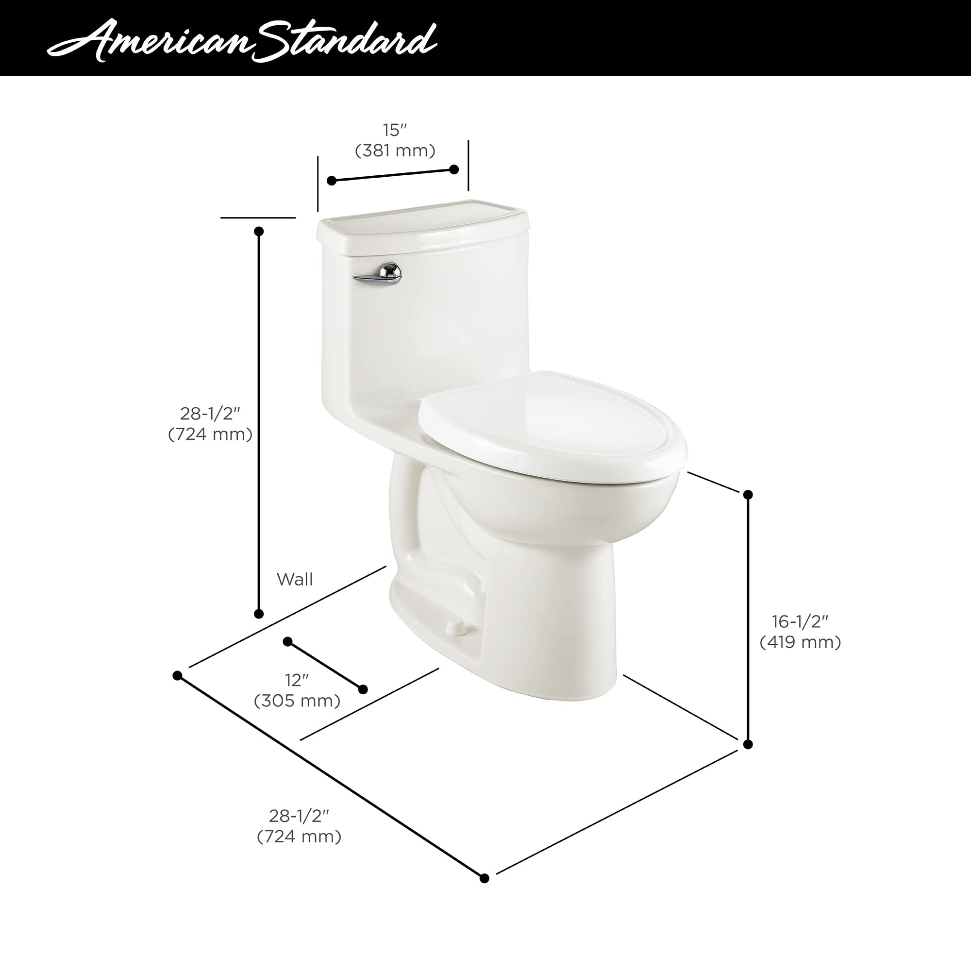 American Standard 612AA001.020 Compact Cadet 3, One-Piece Toilet with Slow-Close Seat and Wax Ring, Elongated Front, Left-Hand Flush, White, 1.28 gpf