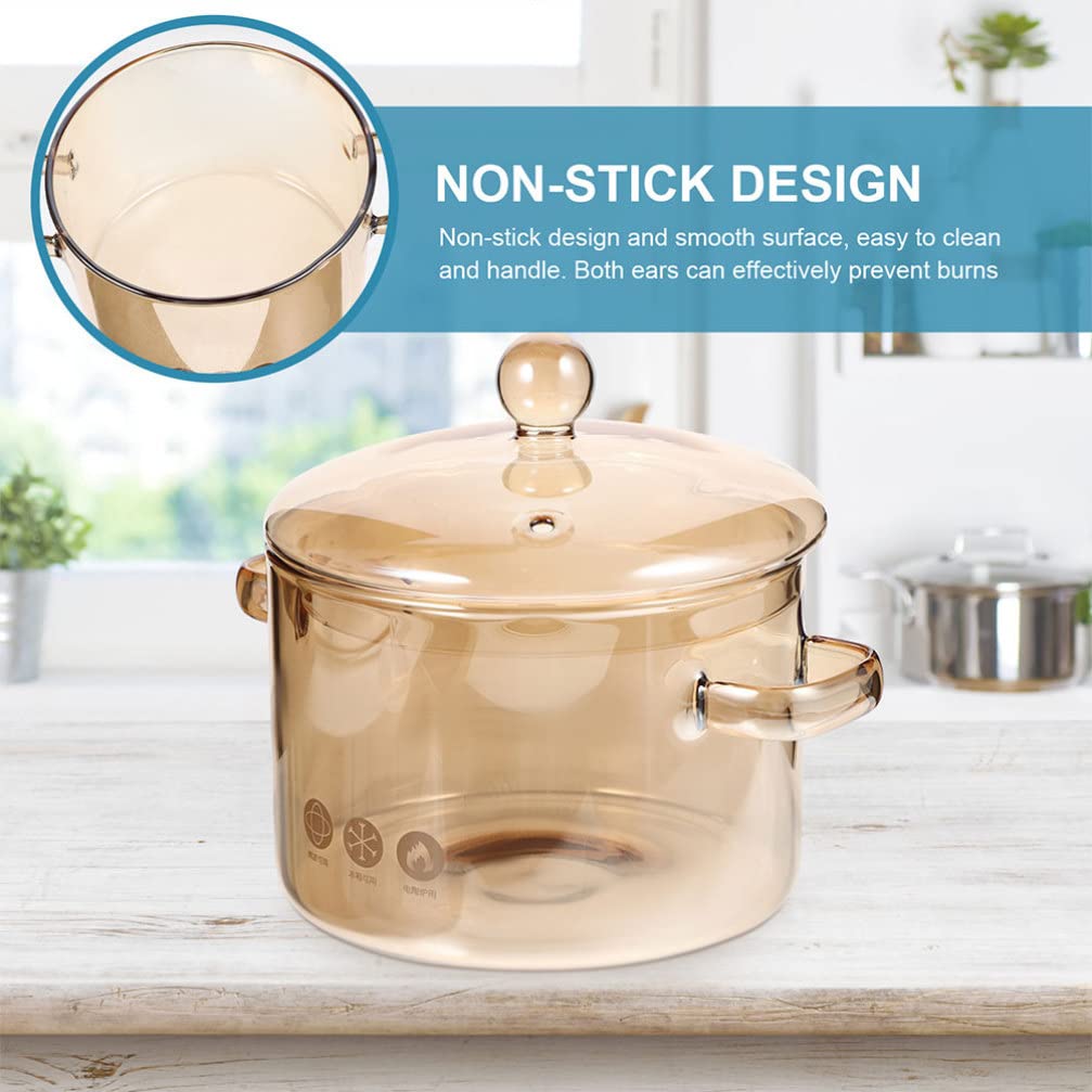 Hemoton 64oz(1.9L) Glass Saucepan with Cover Dual Handles Pot, High Boron Glass Simmer Pot for Stovetop - for Pasta Noodle, Soup, Milk, Tea (Amber)