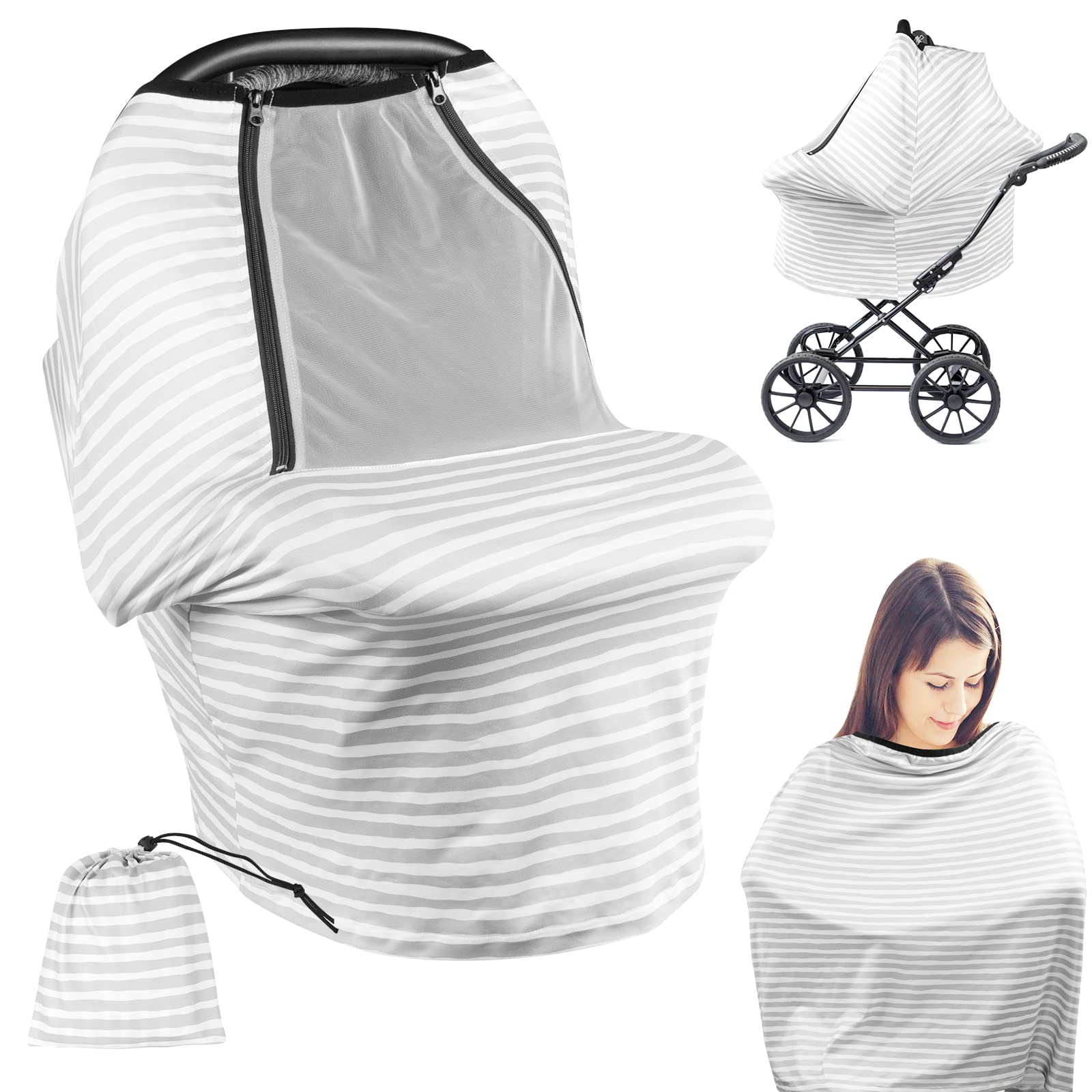 Baby Car Seat Covers Mesh Zipper Peep Window Nursing Cover Breastfeeding Scarf Baby Carseat Canopy Infant Stroller Cover Baby Shower Gifts for Girls and Boys Mothers Day Gifts (Grey Stripe)