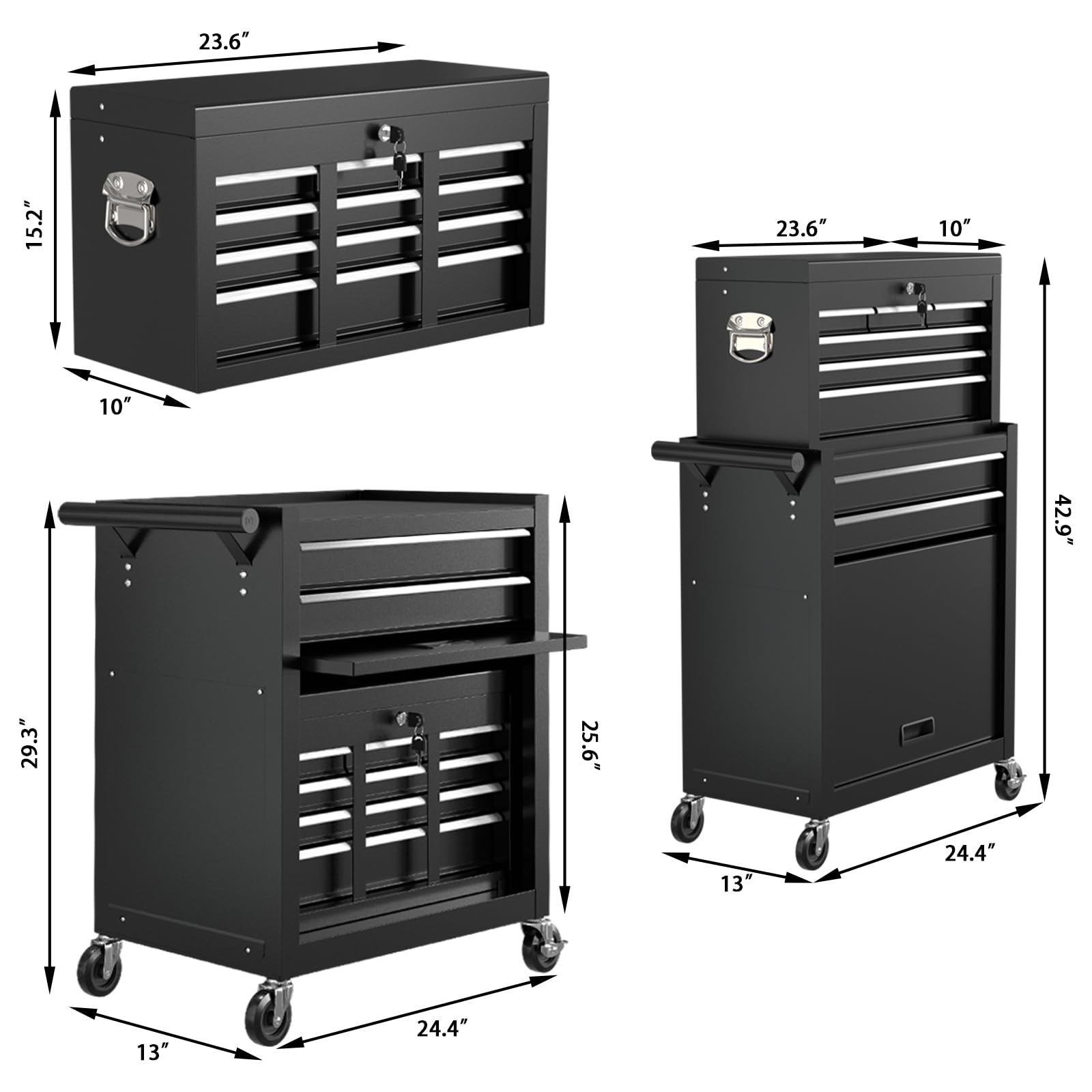 8-Drawer Rolling Tool Chest Box, Removable Storage Cabinet with 4 Wheels and Drawers, 2 in 1 Portable Toolbox Organizer, Lockable Drawer Gifts for Men, Black