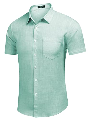 COOFANDY Mens Shirt Casual Button Down Chambray Plain Dress, Linen - Light Green, Large, Short Sleeve