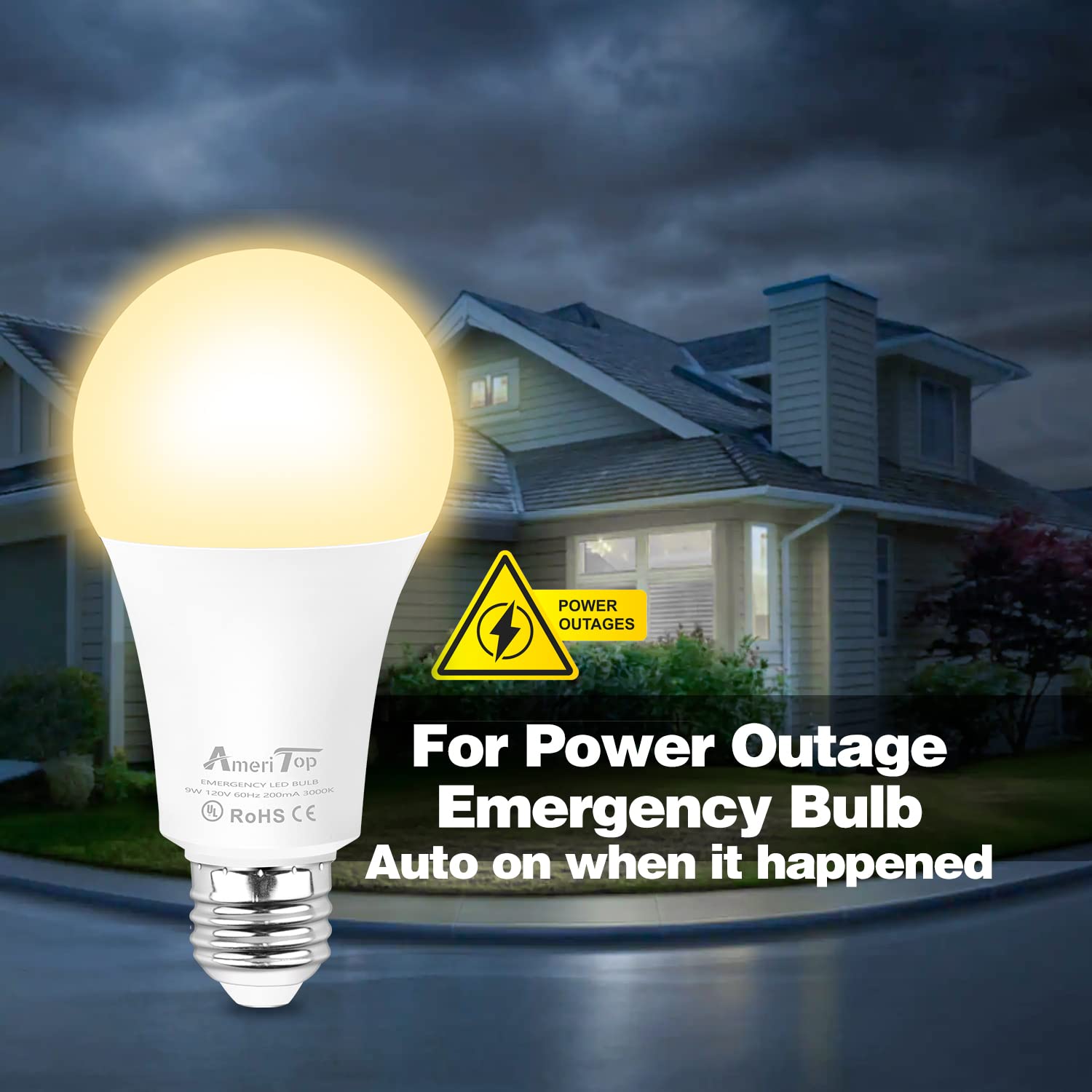 AmeriTop Rechargeable Emergency LED Light Bulb - 2 Pack A19 Battery LED Bulbs for Power Outage Camping Outdoor Activity Hurricane 850 Lm 9W 60W Equivalent E26 Base Lighting Bulb (3000K Warm White)