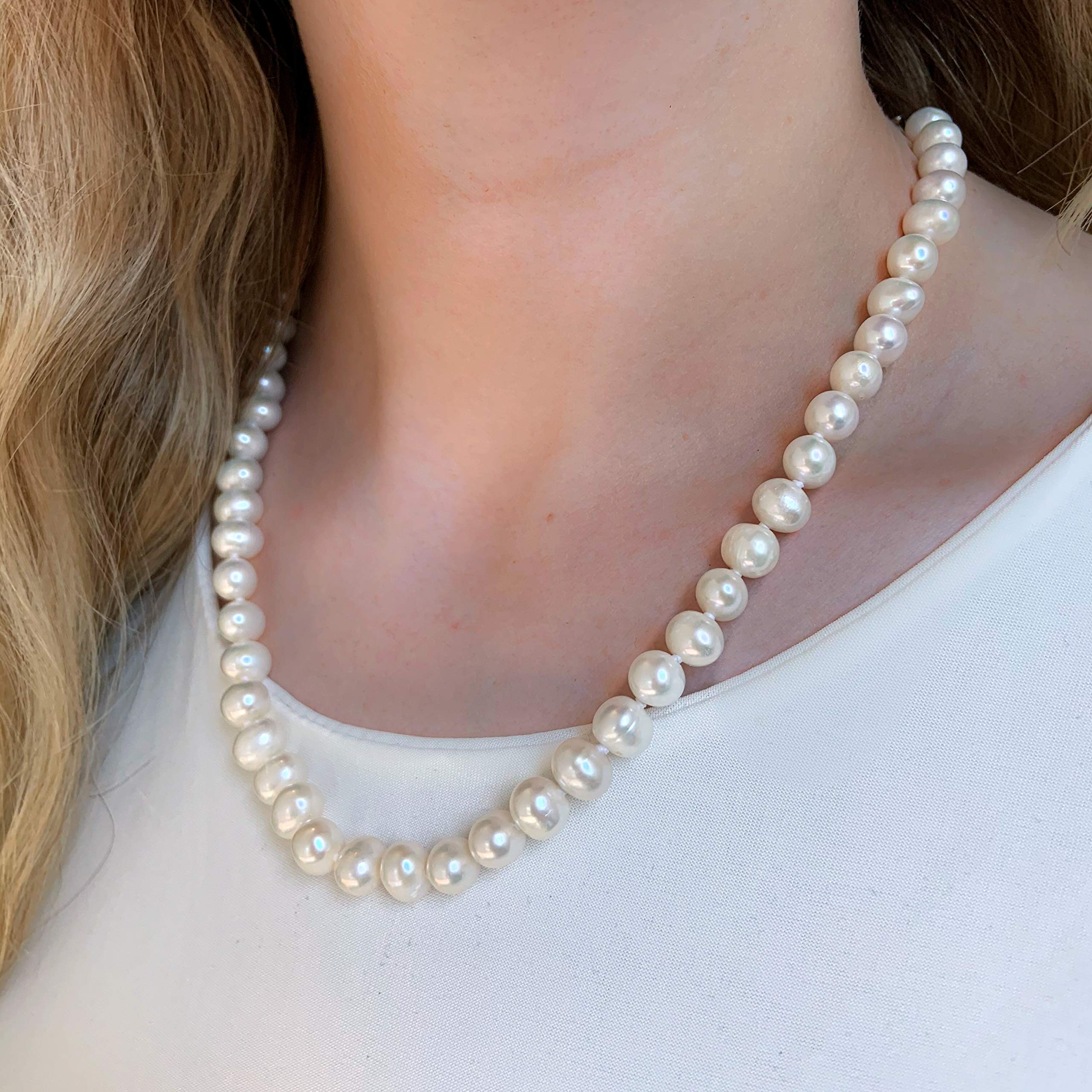 Abbie+Cleo Cultured Freshwater Potato White Pearl Strand Necklace with Sterling Silver Fisheye Clasp 18" (6.5-7mm)