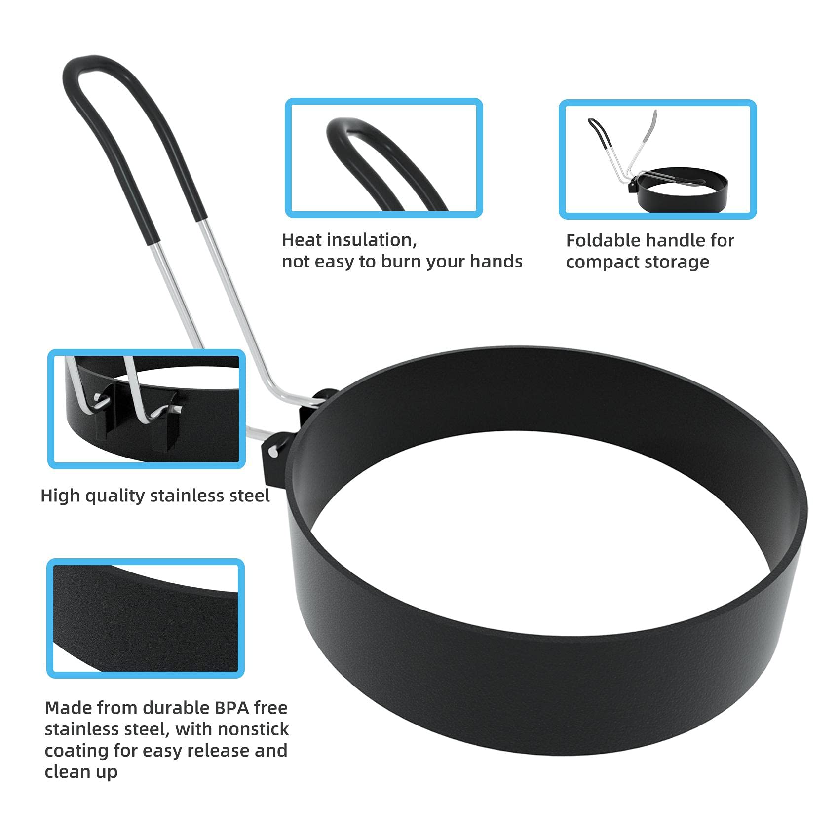 Ameupin 8" Omelet Ring, 6" Pancake Ring, 3.5" Egg Ring for Griddle Frying Eggs (Upgrade Large 3 Pack Stainless Steel Non Stick Round Cooking Rings Molds with Oil Brush and Egg Separator)