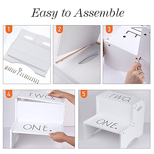 Kids 2-Step Wood Step Stool White Two Step Children's Stool with Handles Dual Height Wooden Toddler Step Stool for Kids Mini Wooden Stepping Stand for Room Kitchen