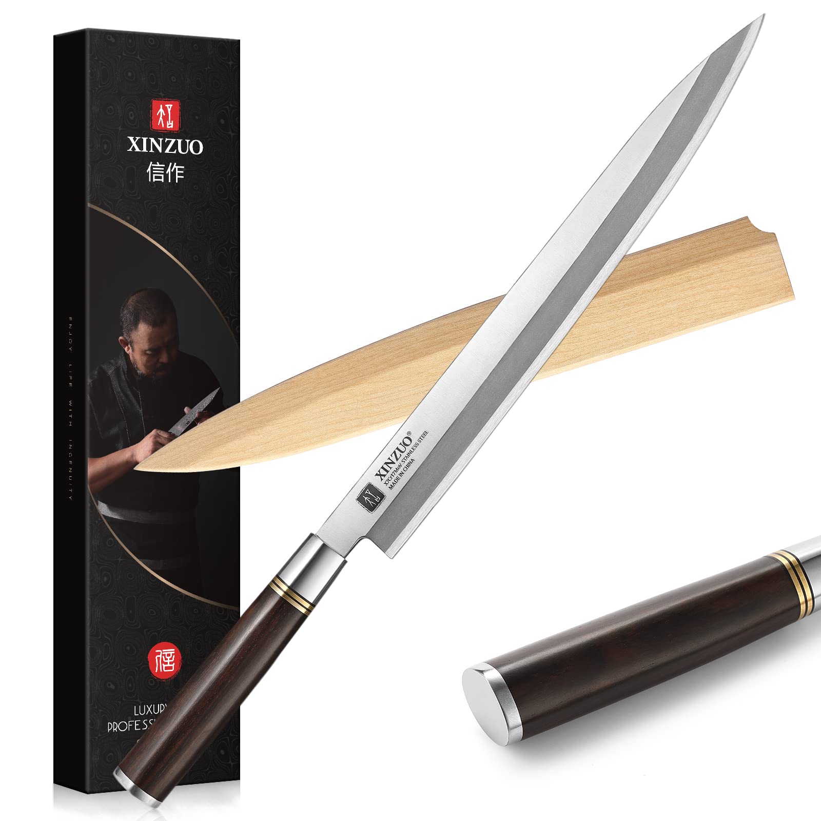 XINZUO 12 Inch Sashimi Knife X7Cr17MoV Forged Steel,Traditional Japanese Crafts Yanagiba Filleting Knife,Single-edged Blade,Professional Chef Sushi Knife-Ebony Wood Handle-Betula Wooden Sheath
