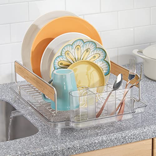 mDesign Large Kitchen Countertop, Sink Dish Drying Rack with Bamboo Wood Accents - Removable Cutlery Tray & Drainboard with Adjustable Swivel Spout - 3 Pieces, BPA Free Cutlery Caddy, Satin/Clear