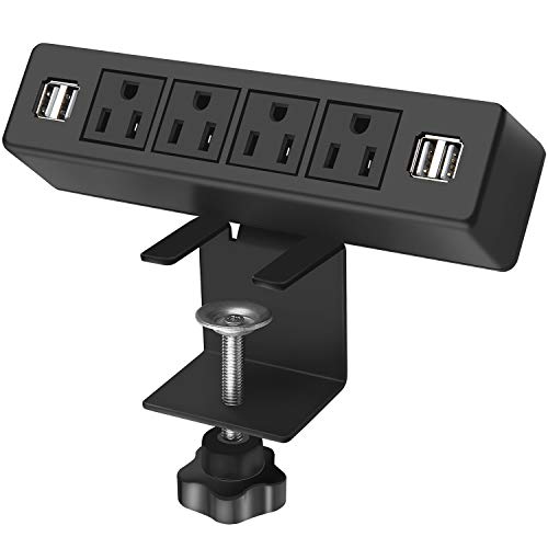 VILONG,Desk Edge Power Strip with 4 USB Port Removable Clamp Power Outlet Socket with USB 6.5 ft Extension Cord Connect 4 Plugs for Home Office Reading