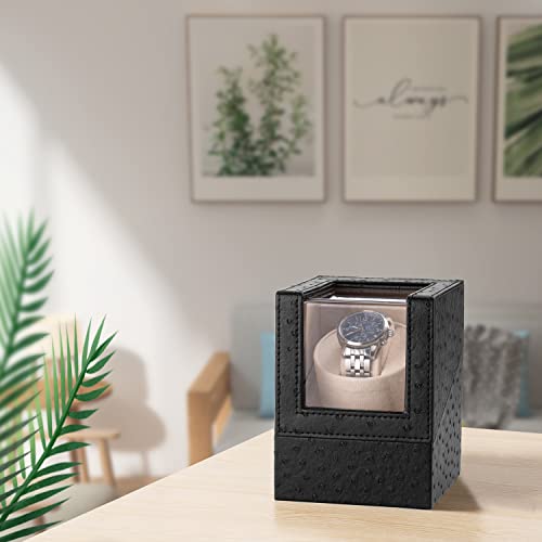 Efaithtek Automatic Single Watch Winder in Black Ostrich Pattern Leather with Japanese Quiet Motor,AC Adapter or Battery Powered