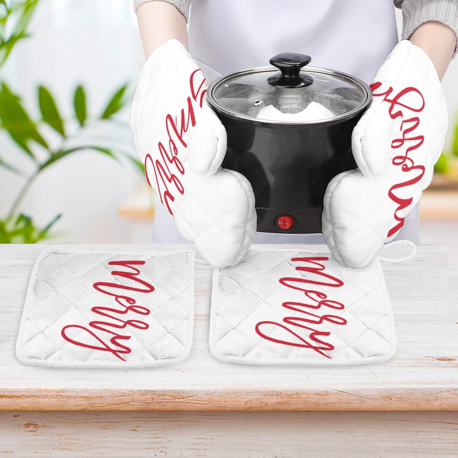 4PCS Oven Mitts and Pot Holders Sets, Merry Modern Red Holiday Christmas Oven Mitts Set Heat Resistant Kitchen Microwave Gloves Safe for Baking,Cooking, BBQ