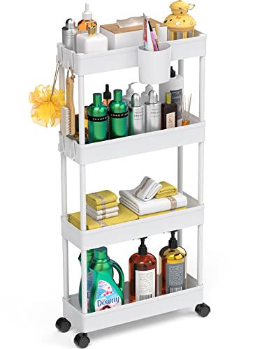 LEHOM 5.1" Slim Storage Cart - 4 Tiers Bathroom Organizer Mobile Shelving Unit Storage Rolling Utility Cart Slide Out Organizer for Kitchen Bathroom Laundry Narrow Places, White