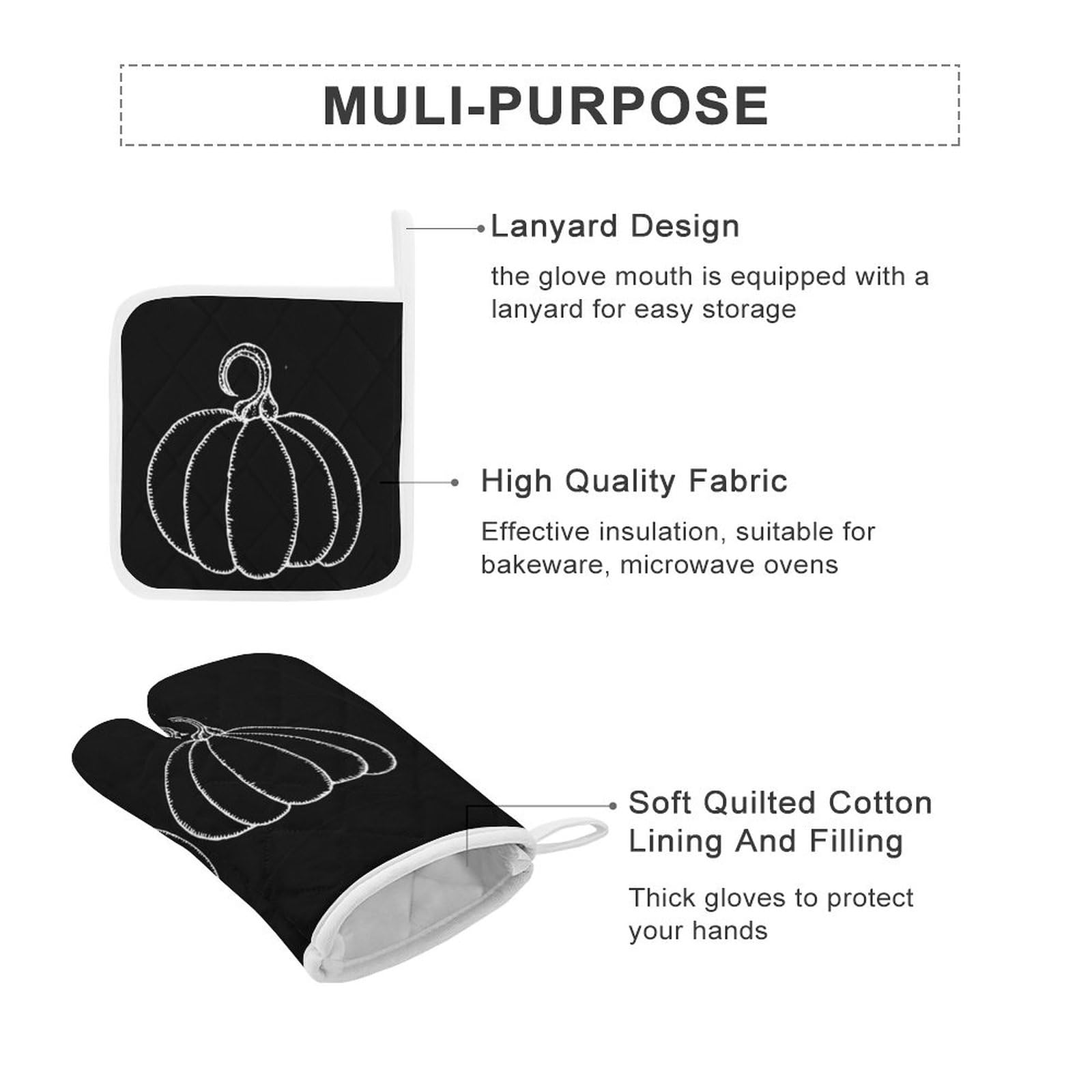 4PCS Oven Mitts and Pot Holders Sets, Happy Halloween Pumpkin Black Oven Mitts Set Heat Resistant Kitchen Microwave Gloves Safe for Baking,Cooking, BBQ