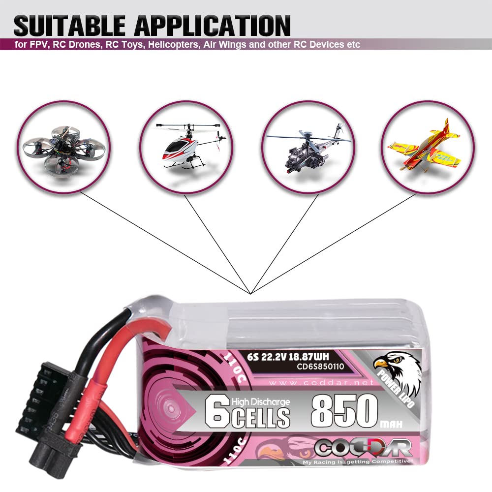 CODDAR 850mAh 6S 22.2V 110C LiPo Battery with XT30 Connector for RC Heli Airplane Quadcopter Helicopter Multi-Motor Hobby DIY Parts,2inch to 3inch FPV, 2inch to 2.5inch CineWhoop