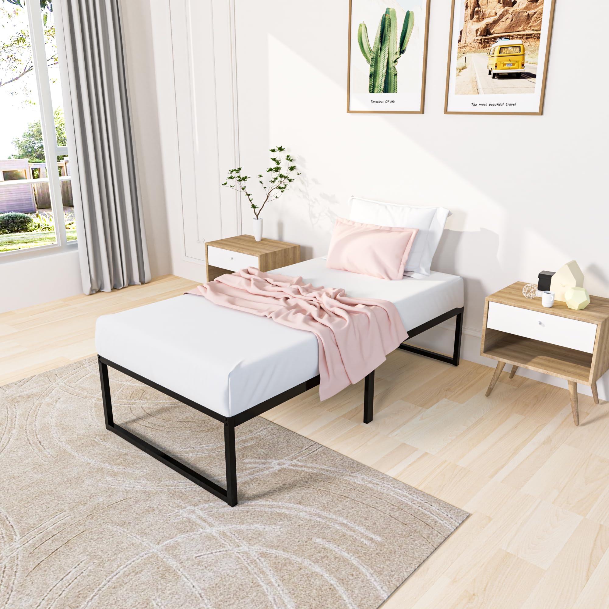 Vaciwe Twin Bed Frame with Fabric Cover 16 Inch, Metal Platform Bed Frames Twin Size No Box Spring Needed, Heavy Duty, Noise Free, Easy Assembly,Dark Grey