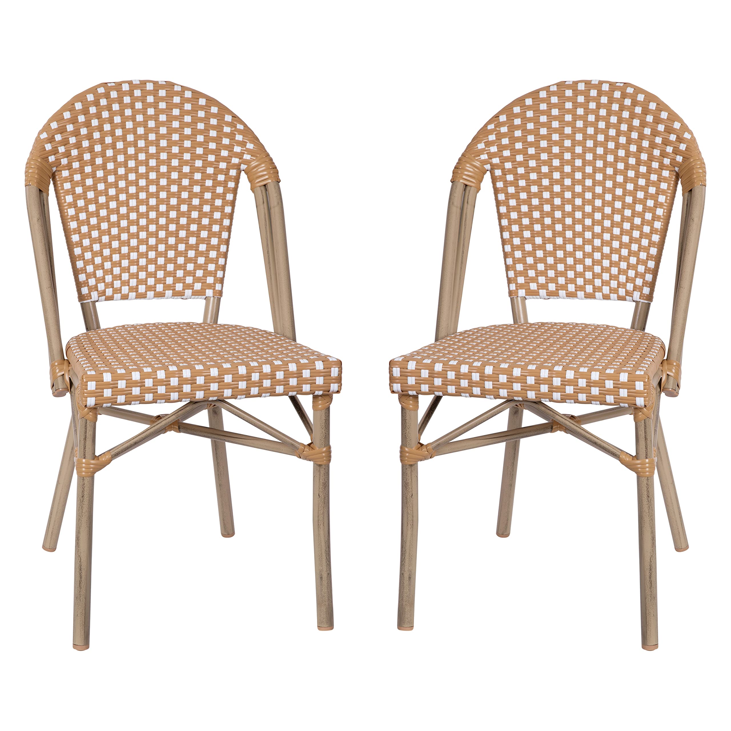EMMA + OLIVER Colmar Bistro Chair - Natural & White Woven PE Seat and Back - Light Bamboo Finish Aluminum Frame - Set of Two