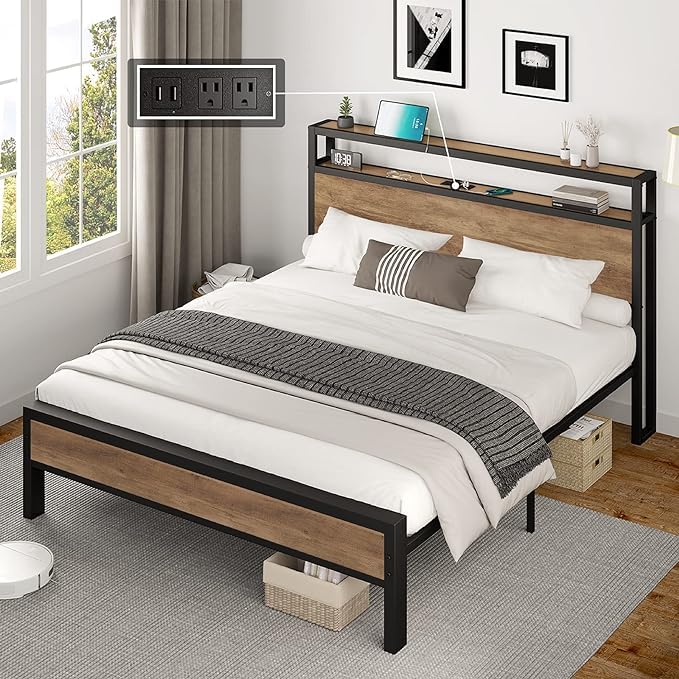 AMERLIFE Full Size Bed Frame Industrial Platform Bed with Charging Station, 2-Tier Storage Headboard/No Box Spring Needed/Noise-Free/Rustic Brown