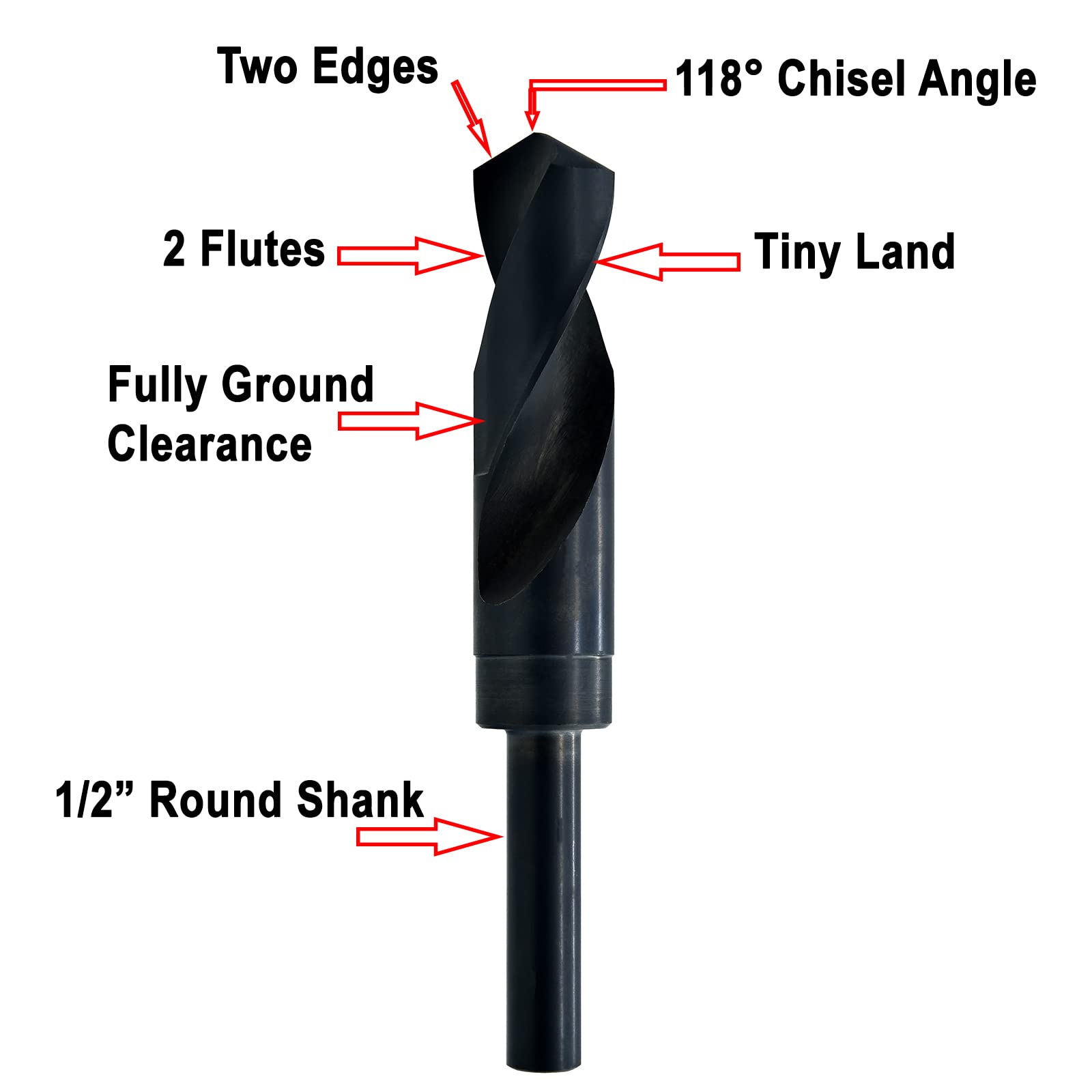 MAXTOOL 49/64" Silver and Deming Drill Bits HSS M2 S & D Drill Bits Prentice Twist Drills Black Oxide 1/2" Reduced Shank 6" OAL; SD02B00R049