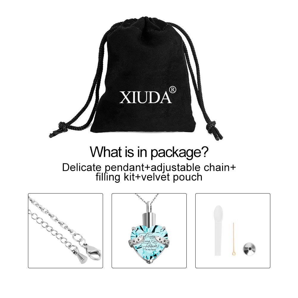 XIUDA Crystal Urn Necklace for Human Ashes Heart Birthstone Memorial Cremation Jewelry Ash Necklace for Women