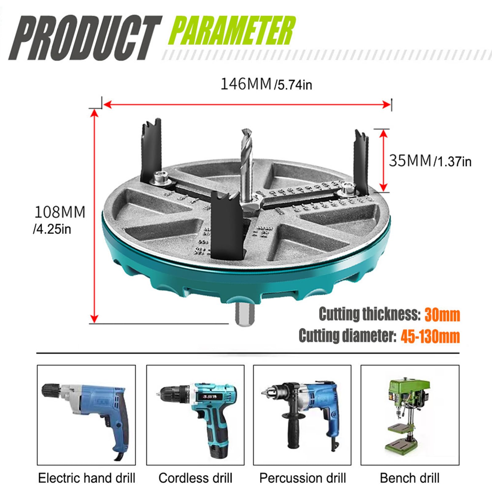 Adjustable Round Hole Saw Tool, Adjustable Punch Saw Tool For Drilling,Adjustable Hole Saw, Adjustable Hole Cutter, Woodworking Tools, Saw Diameter 45-130MM With Bit(Saw+9 Blades)