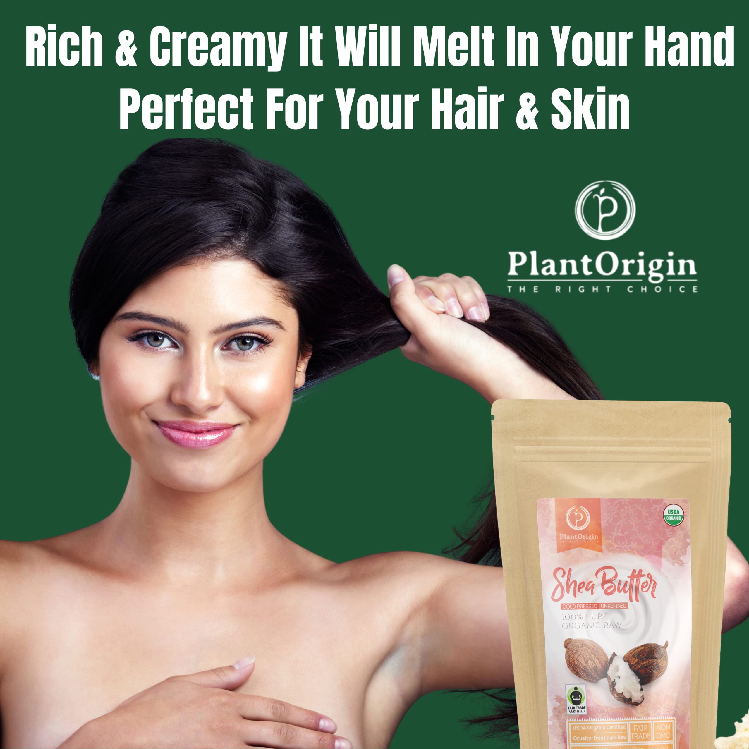 PLANTORIGIN Shea Butter 1 lb | Raw USDA Certified Organic | African Unrefined | Great for Hair, Skin, and your DIY Projects | Soap Making Base, Lip Balm, Stretch Mark Cream.