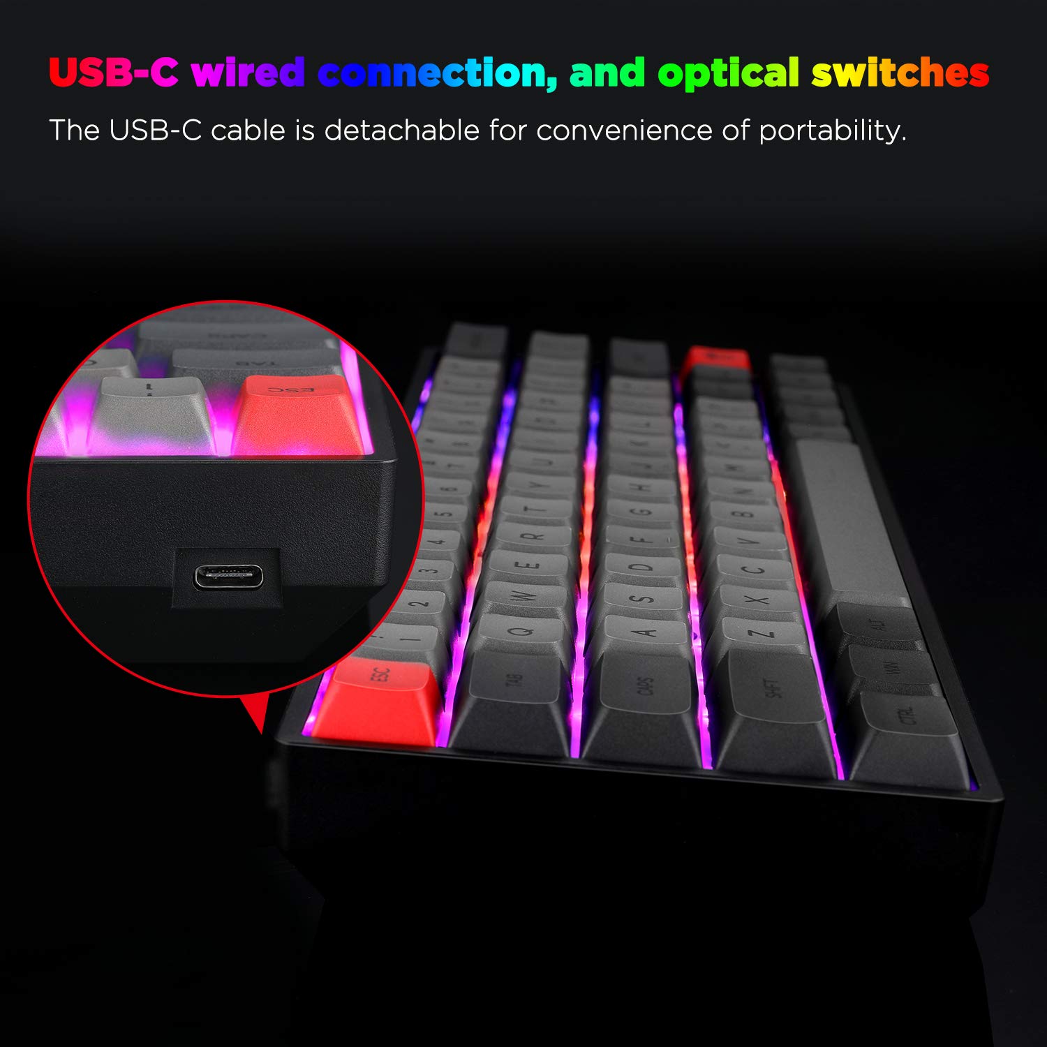 COSTOM SK64 60% Mechanical Gaming Keyboard, 61 Keys Multi Color RGB Illuminated LED Backlit Wired Programmable with PBT Heat Sublimation Keycaps for PC/Mac Gamer (Black, Gateron Optical Brown)