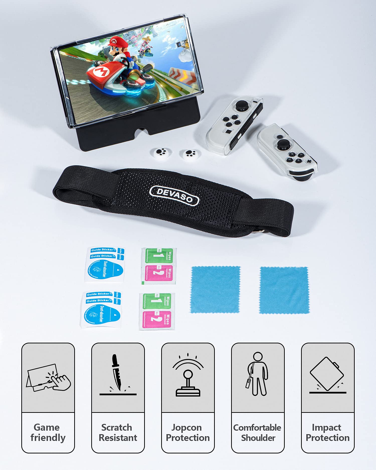 DEVASO Accessories Bundle for Nintendo Switch: Deluxe Waterproof Travel Case,Case & Screen Protector,Wireless Controller,Joystick Cap