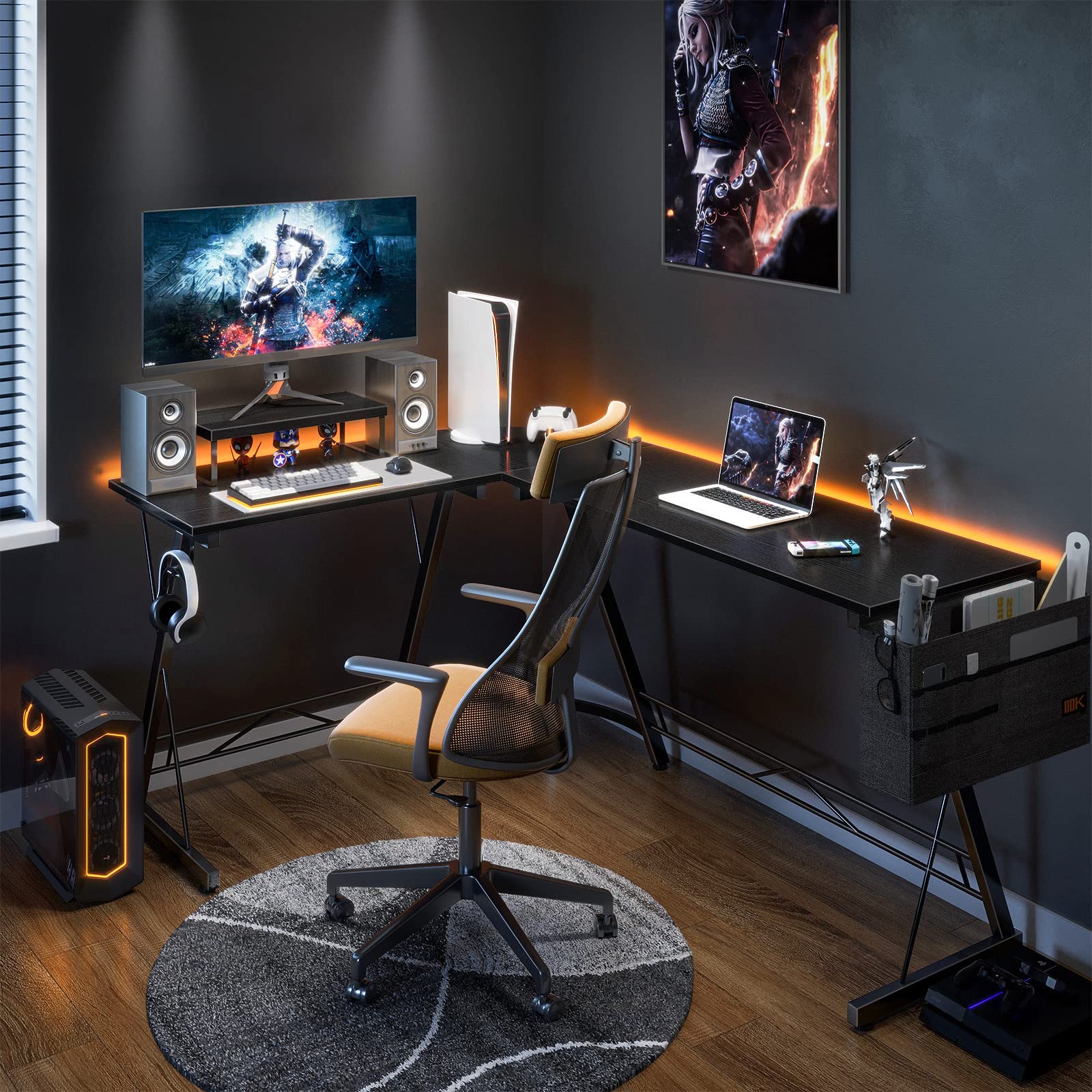 Casaottima L Shaped Gaming Desk, 66" Home Office Desk with Round Corner, Computer Desk with Large Monitor Stand Desk Workstation, Black
